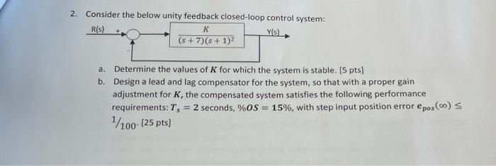 Solved 2. Consider the below unity feedback closed-loop | Chegg.com