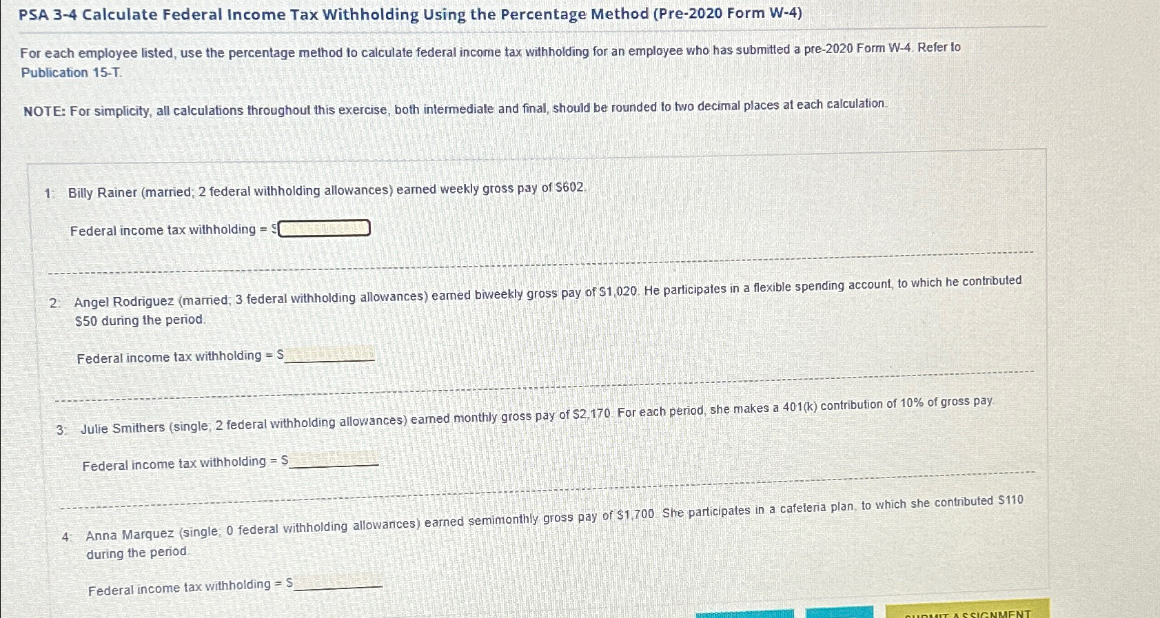 Solved PSA 3-4 ﻿Calculate Federal Income Tax Withholding | Chegg.com