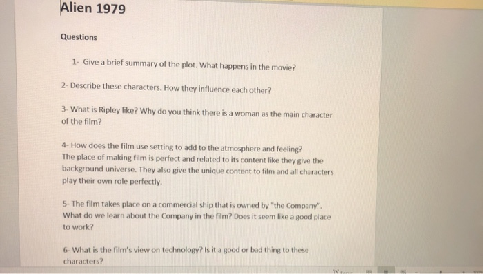 Alien 1979 Questions 1- Give a brief summary of the | Chegg.com