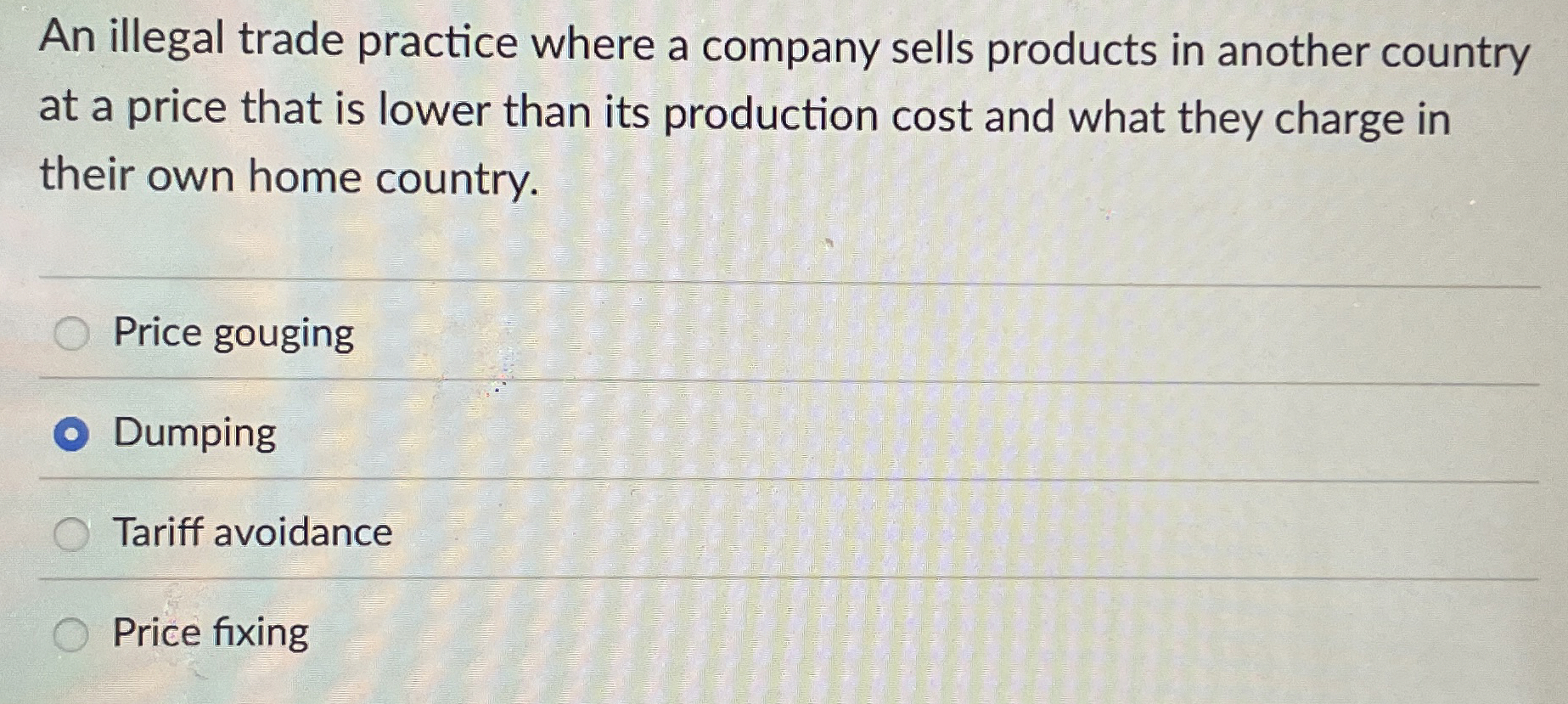 Solved An illegal trade practice where a company sells | Chegg.com