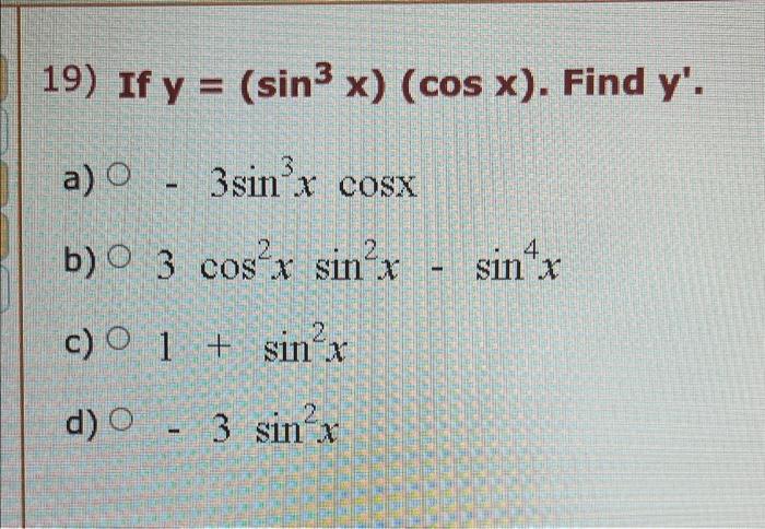 Solved y=(sin3x)(cosx)−3sin3xcosx3cos2xsin2x−sin4x1+sin2x | Chegg.com