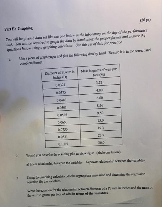 Solved (20 pt) Part II: Graphing You will be given a data | Chegg.com