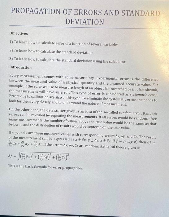 Solved PROPAGATION OF ERRORS AND STANDARD DEVIATION Chegg
