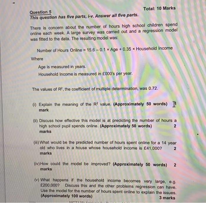 Solved Total: 10 Marks Question 5 This question has five | Chegg.com