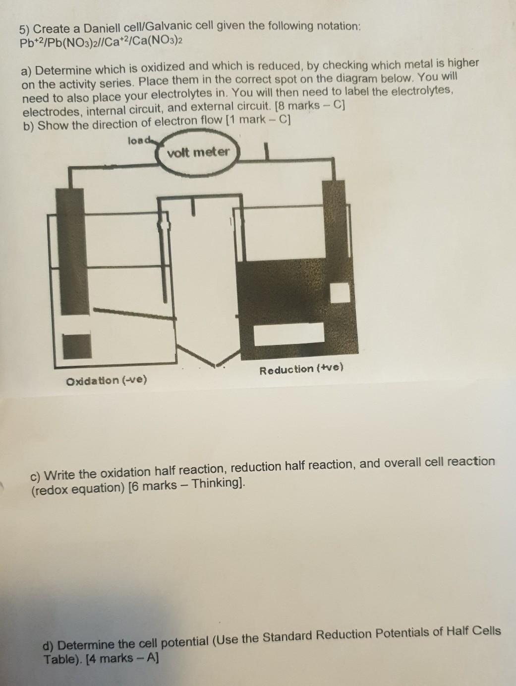 Solved 5) Create a Daniell cell/Galvanic cell given the | Chegg.com