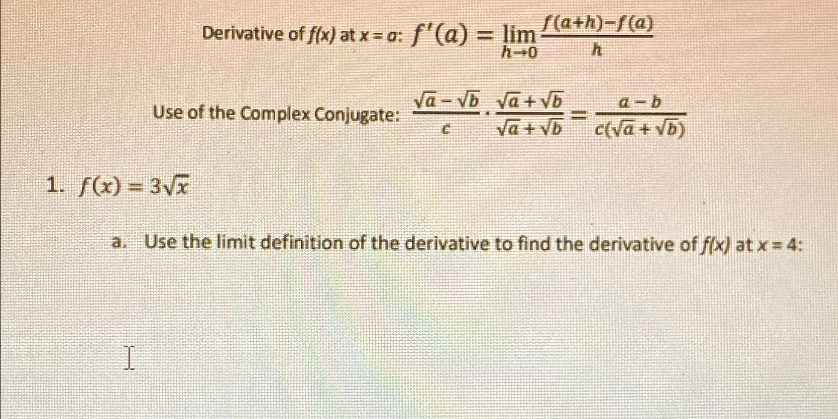 Solved Derivative of f(x) ﻿at x=a:f'(a)=limh→0f(a+h)-f(a)h | Chegg.com