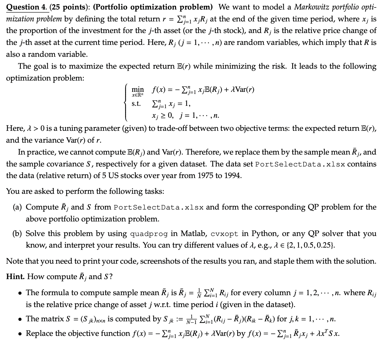 Solved Question 4. (25 ﻿points): (Portfolio ﻿optimization | Chegg.com