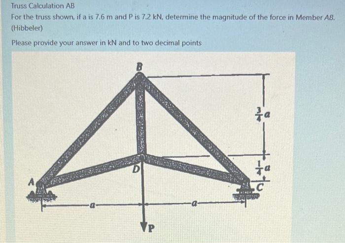Solved Truss Calculation AB For the truss shown, if a is 7.6 | Chegg.com