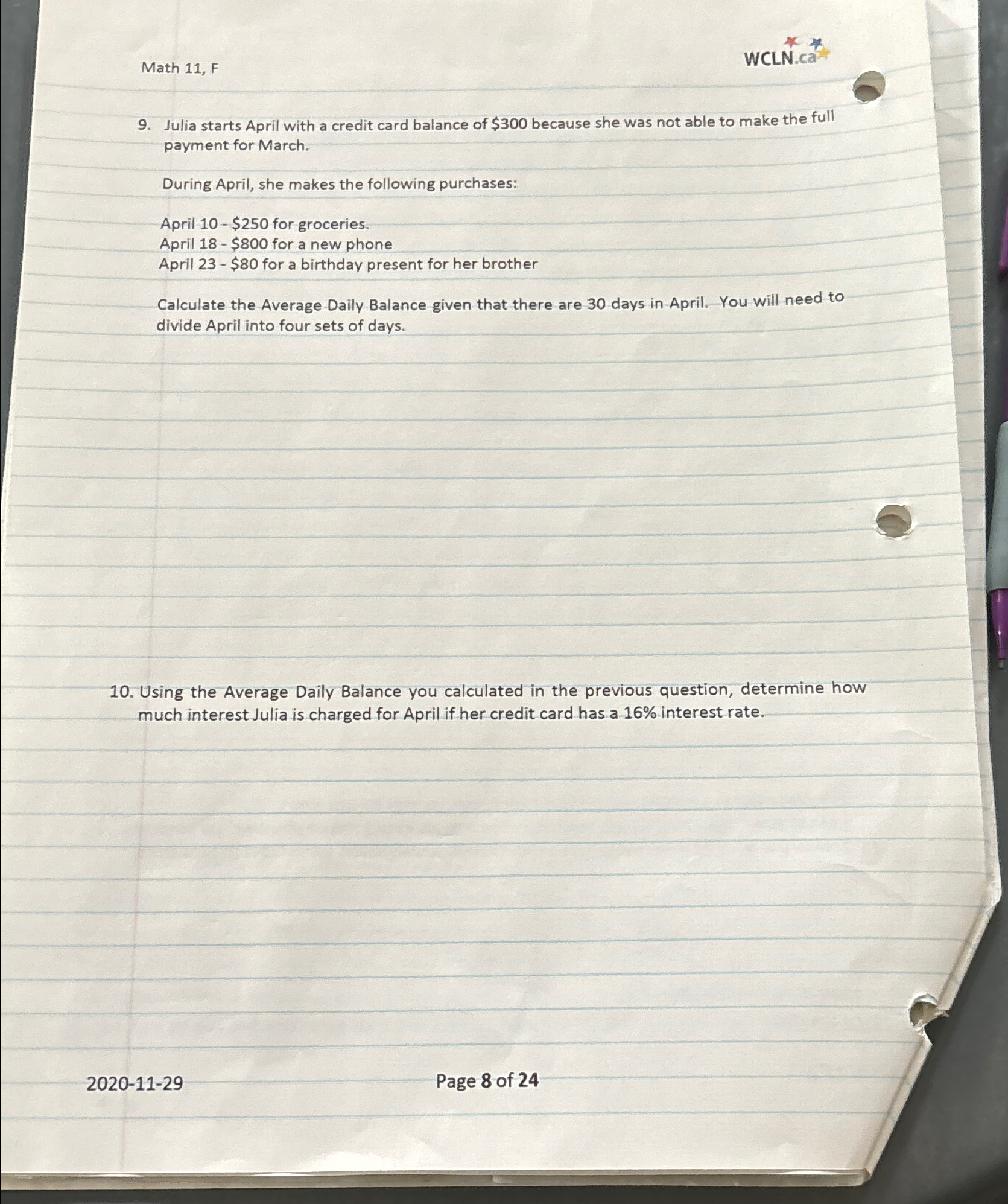 Solved Math 11, ﻿FWCLN. ?** *9. ﻿Julia starts April with a | Chegg.com