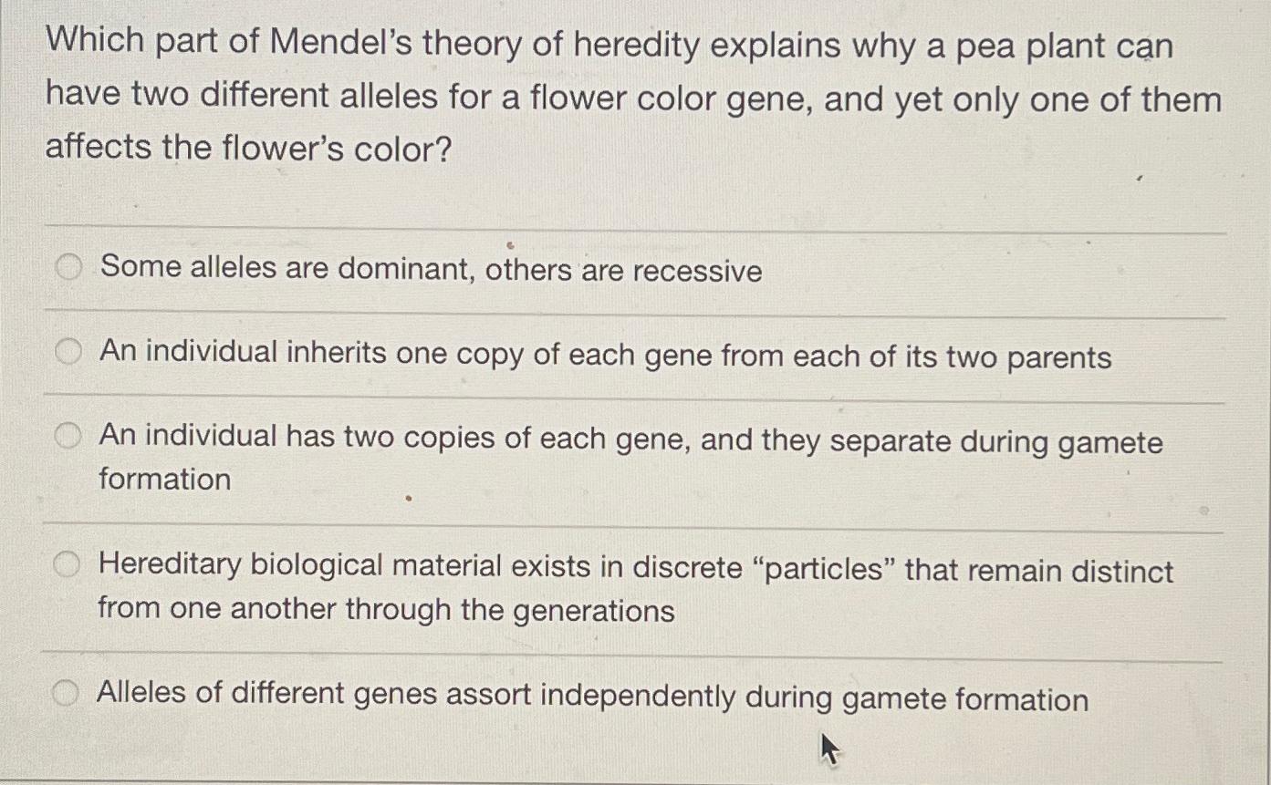 Solved Which part of Mendel's theory of heredity explains | Chegg.com