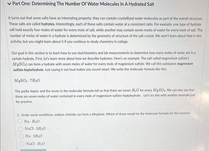 Solved v Part One: Determining The Number of Water Molecules | Chegg.com