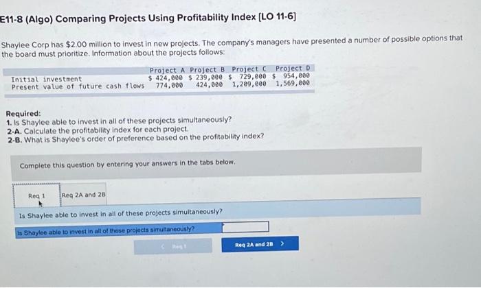 Solved E11-8 (Algo) Comparing Projects Using Profitability | Chegg.com