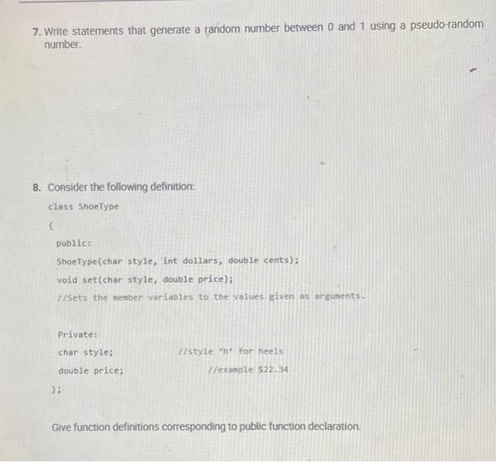 Solved 7. Write statements that generate a random number | Chegg.com