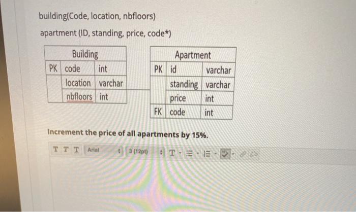 Solved building(Code, location, nbfloors) apartment (ID, | Chegg.com