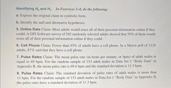 Solved Identifying H0 and H1. In Exercises 5−8, do the | Chegg.com
