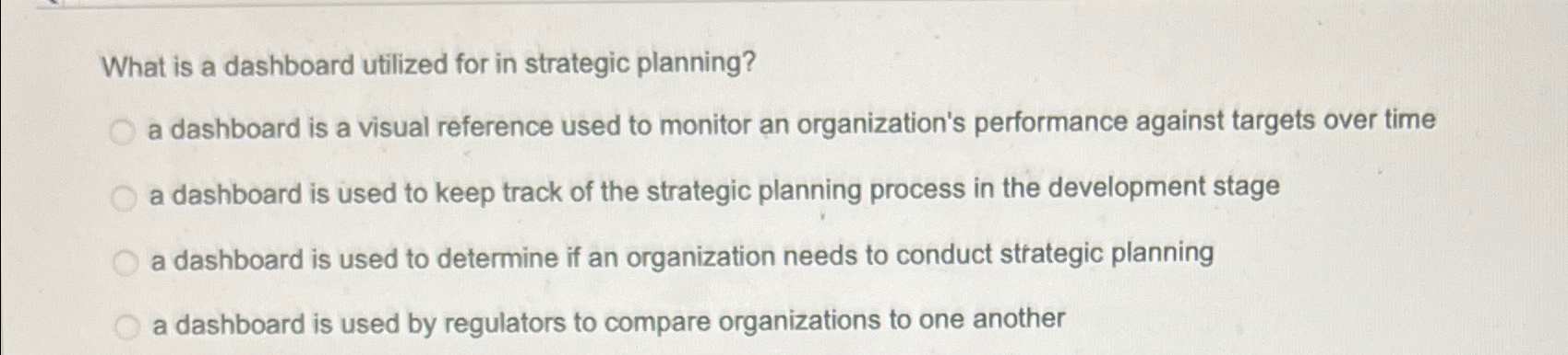 Solved What is a dashboard utilized for in strategic | Chegg.com