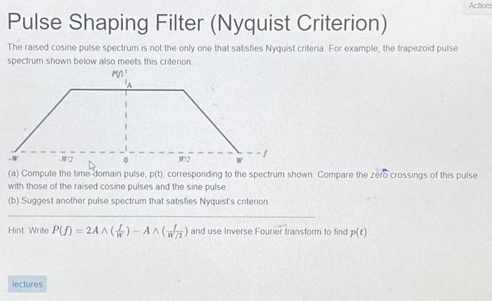 Solved Pulse Shaping Filter (Nyquist Criterion) The raised | Chegg.com
