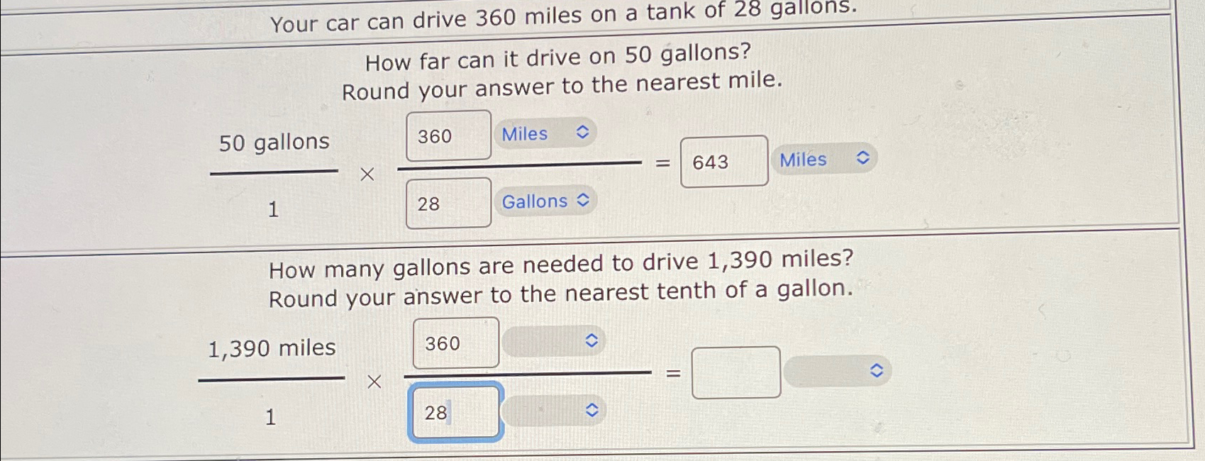 Solved Your car can drive 360 ﻿miles on a tank of 28 | Chegg.com