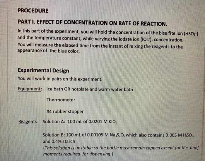 PROCEDURE PART I. EFFECT OF CONCENTRATION ON RATE OF | Chegg.com