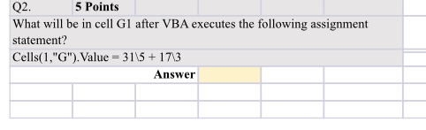 Solved Q2. 5 ﻿PointsWhat will be in cell G1 ﻿after VBA | Chegg.com