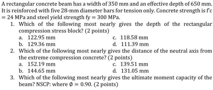 Solved A rectangular concrete beam has a width of 350 mm and | Chegg.com