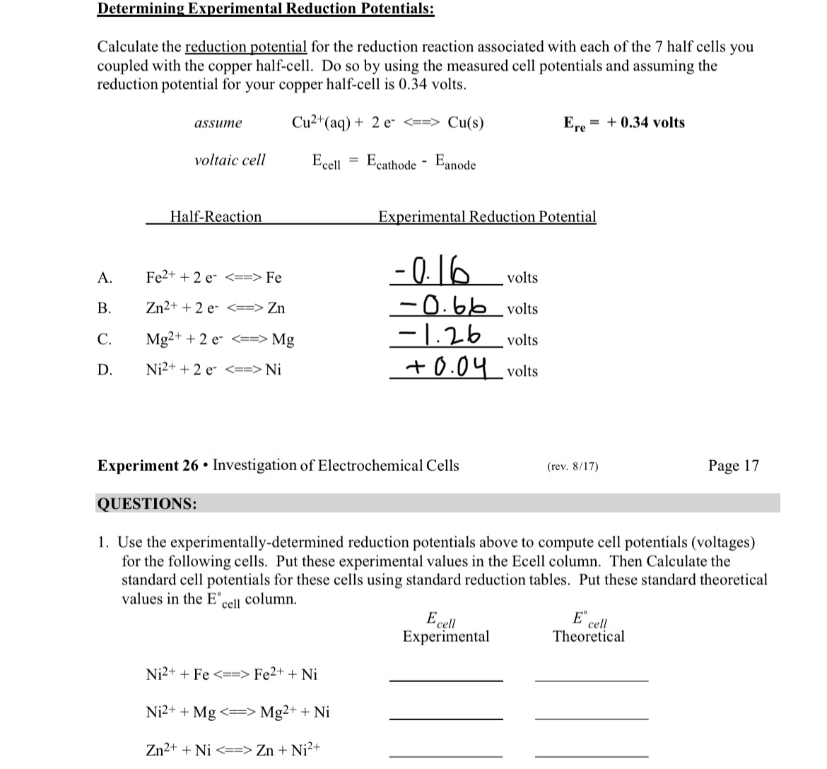 Solved Determining Experimental Reduction | Chegg.com