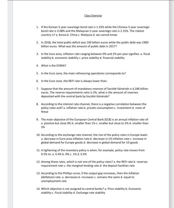 Solved Class Exercise 1. If the Korean 5 -year sovereign | Chegg.com