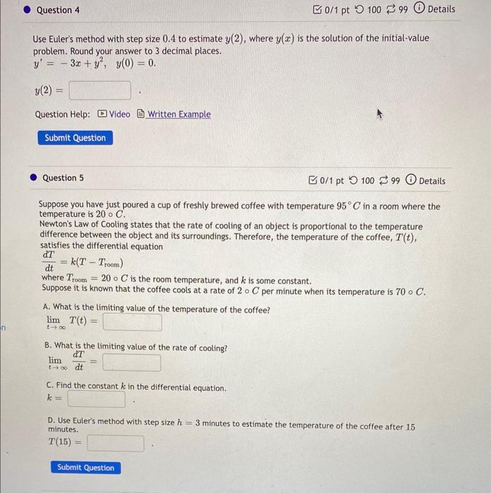 Solved Use Euler's method with step size 0.4 to estimate | Chegg.com