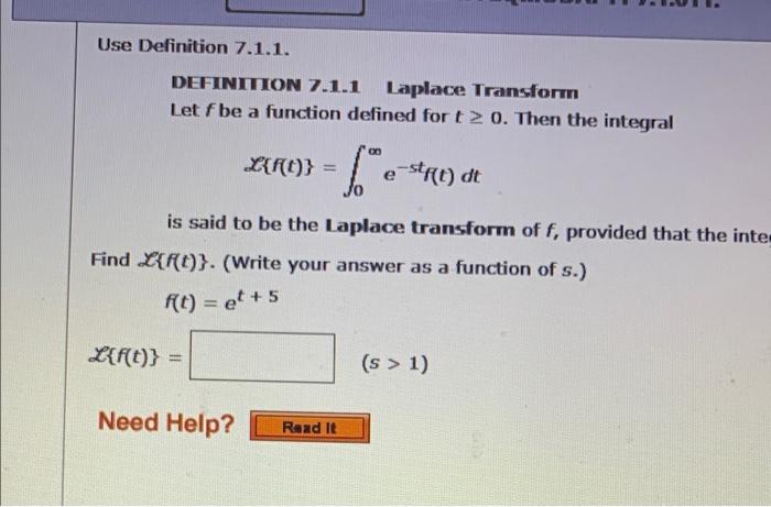 Solved Use Definition 7.1.1. DEFINITION 7.1.1 Laplace | Chegg.com