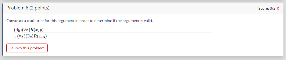 Problem 6 (2 ﻿points)Score: 03xConstruct a truth-tree | Chegg.com