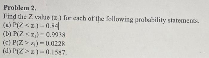 Solved Problem 2. Find the Z value (z1) for each of the | Chegg.com