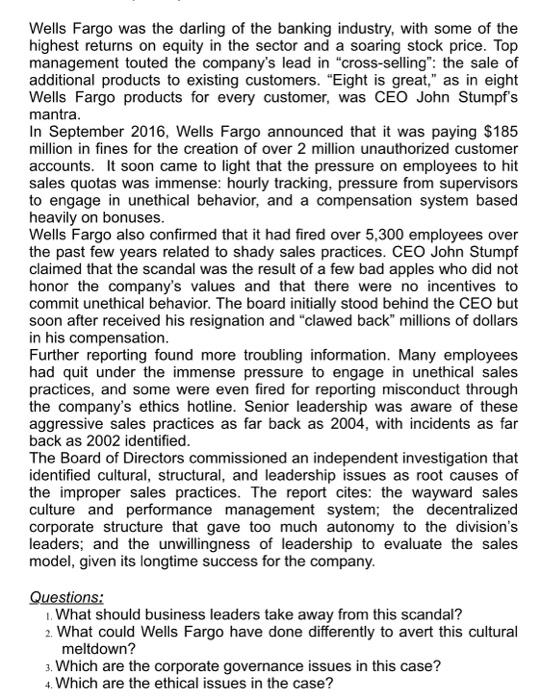 Solved Wells Fargo was the darling of the banking industry, | Chegg.com