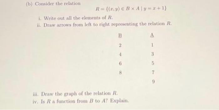 Solved (b) Consider the relation R={(x,y)∈B×A∣y=x+1} i. | Chegg.com