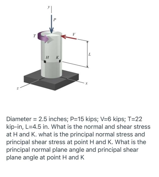 Solved P т L Η Κ Diameter = 2.5 inches; P=15 kips; V=6 kips; | Chegg.com