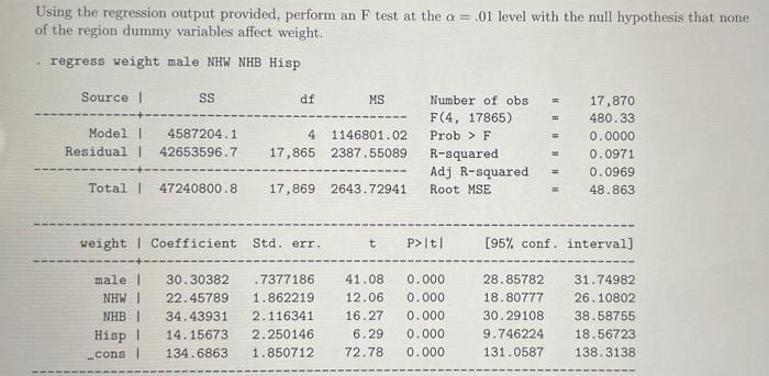Solved Using the regression output provided, perform an F | Chegg.com