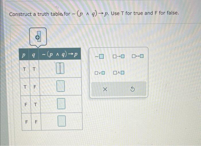 Solved Construct a truth table for ∼(p∧q)→p. Use T for true | Chegg.com