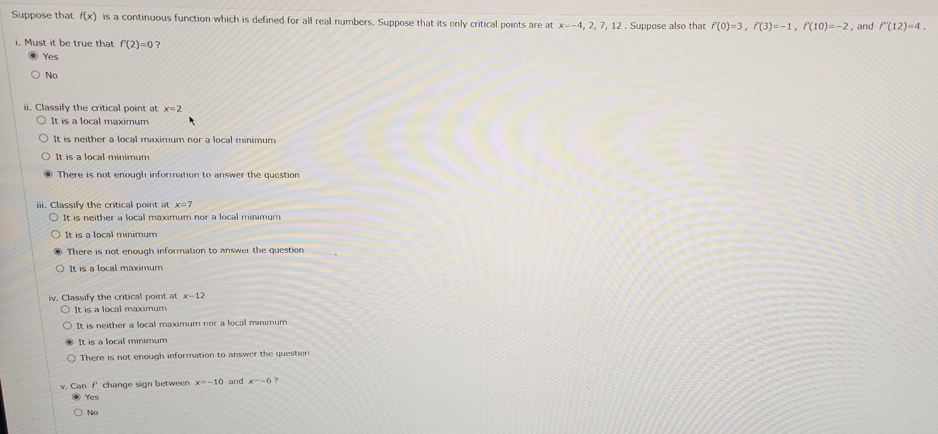 Solved i. ﻿Must it be true that f'(2)=0 ?YesNoii. ﻿Classify | Chegg.com