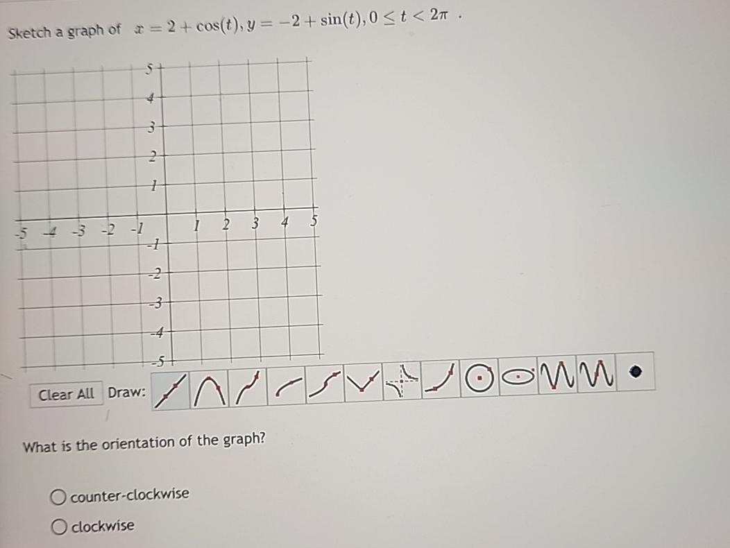 Solved Sketch a graph of x=2+cos(t),y=-2+sin(t),0≤t