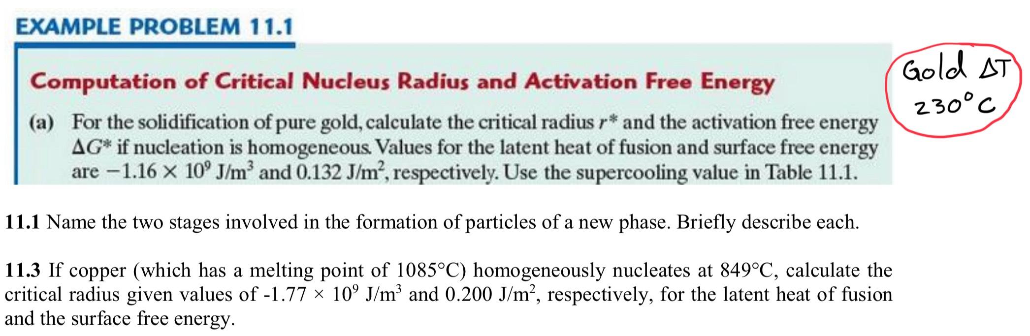 Solved EXAMPLE PROBLEM 11.1Computation of Critical Nucleus | Chegg.com