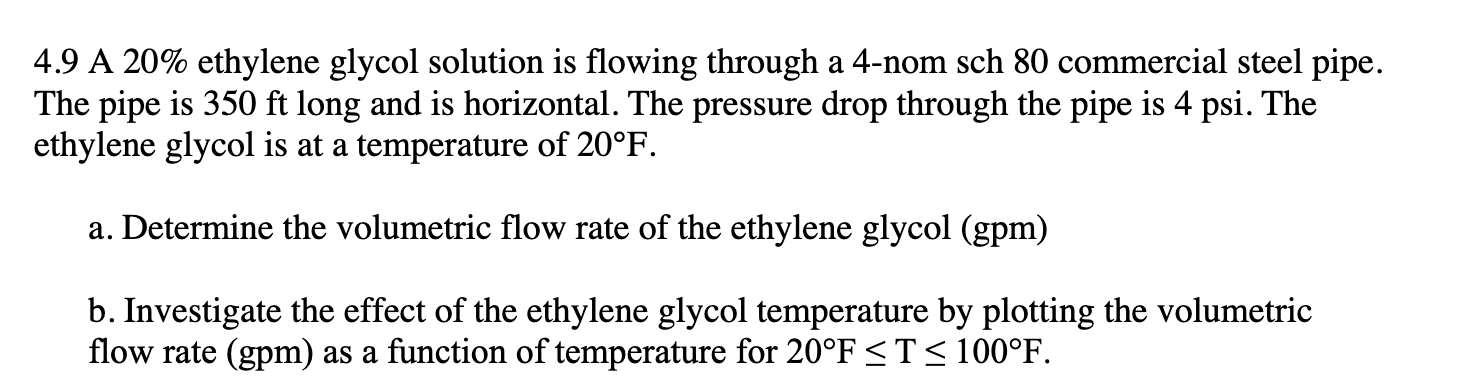 Solved 4.9 ﻿A 20% ﻿ethylene glycol solution is flowing | Chegg.com