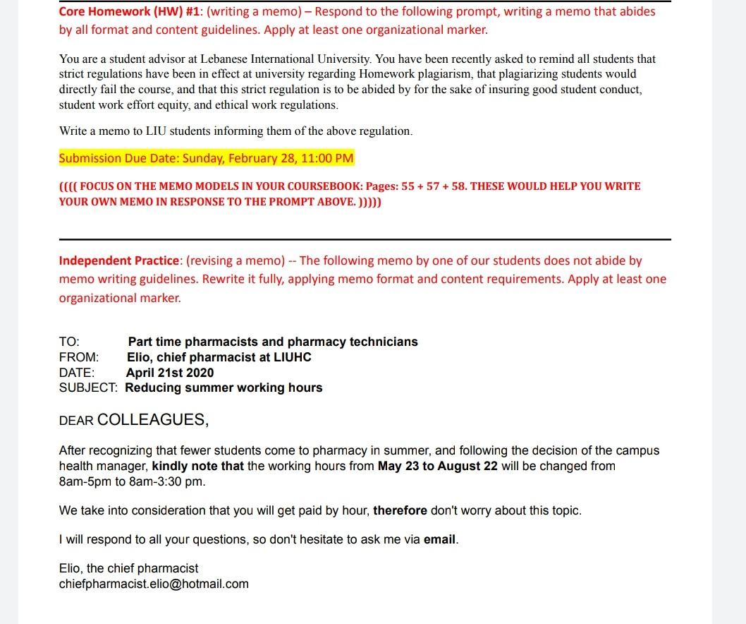 Core Homework (HW) #1: (writing a memo) - Respond to | Chegg.com