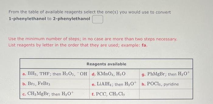 Solved From the table of available reagents select the | Chegg.com