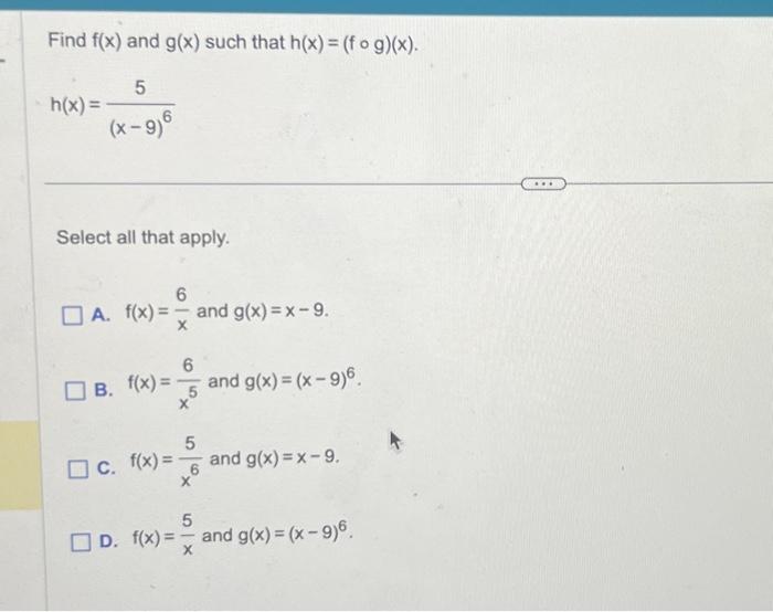 Solved Find f(x) and g(x) such that h(x)=(f∘g)(x). | Chegg.com