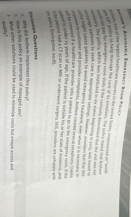 Solved ANTHEM'S AVOIDABLE EMERGENCY ROOM PoLICY Anthem, one | Chegg.com