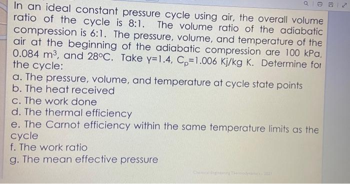 Solved In an ideal constant pressure cycle using air, the | Chegg.com