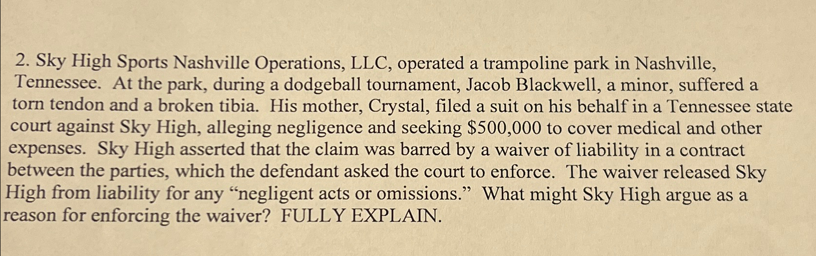 Solved Sky High Sports Nashville Operations, LLC, ﻿operated | Chegg.com