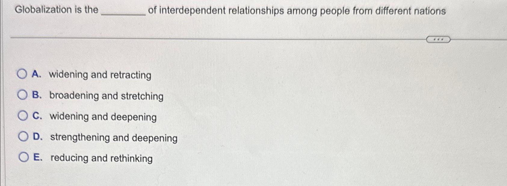 Solved Globalization is the of interdependent relationships | Chegg.com