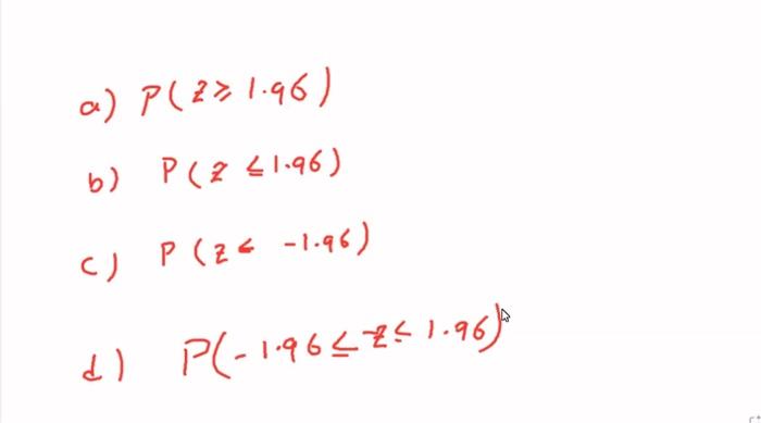 Solved a) P(z⩾1.96) b) P(z≤1.96) c) P(z