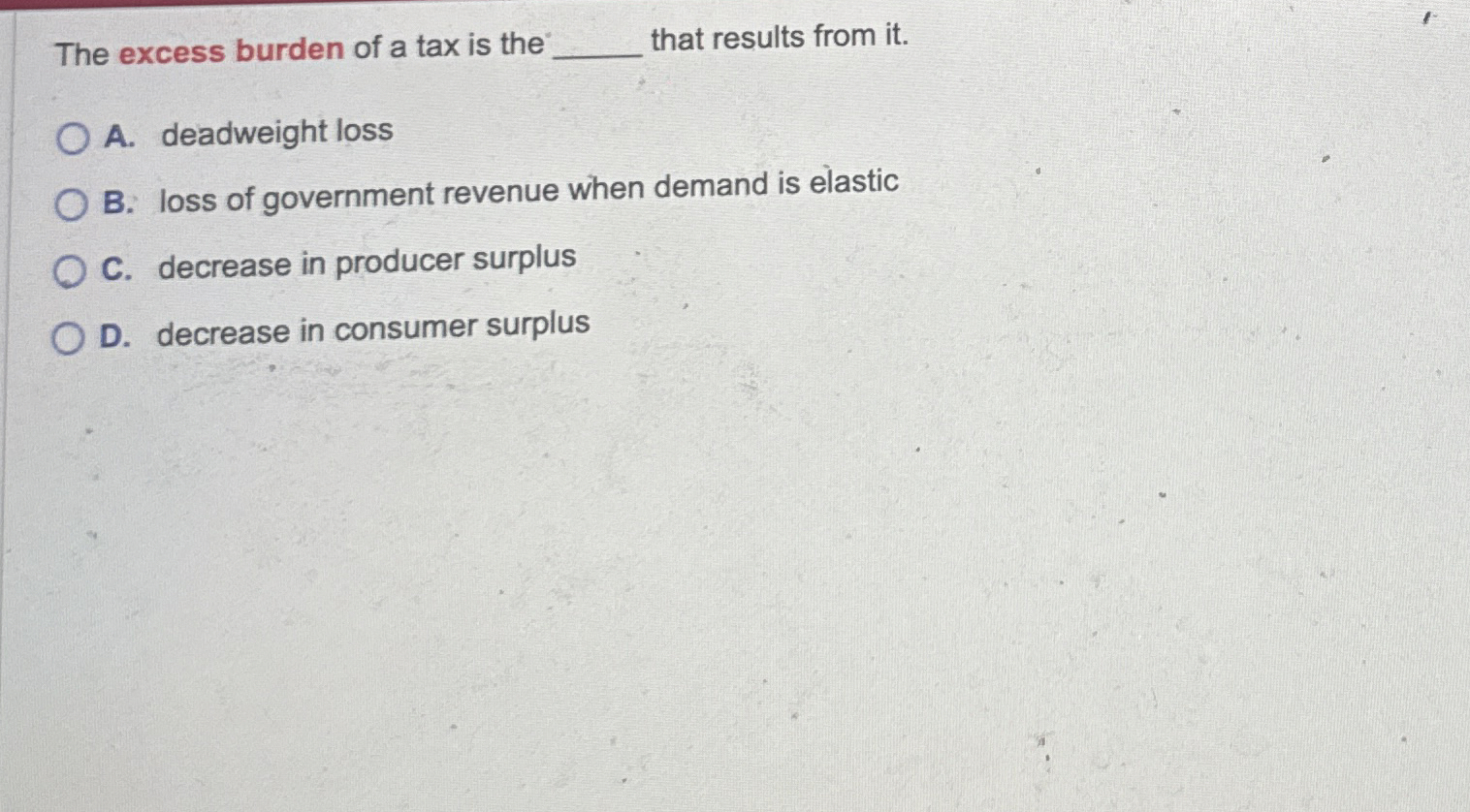 Solved The excess burden of a tax is the q, ﻿that results | Chegg.com