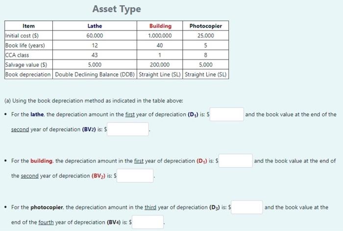 Solved Asset Type (a) Using the book depreciation method as | Chegg.com